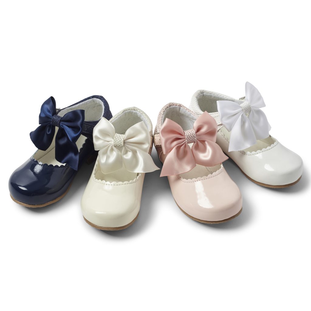 Girls Patent Faux Leather Bow Shoes by Sevva – Baby Pink, White, Navy ...