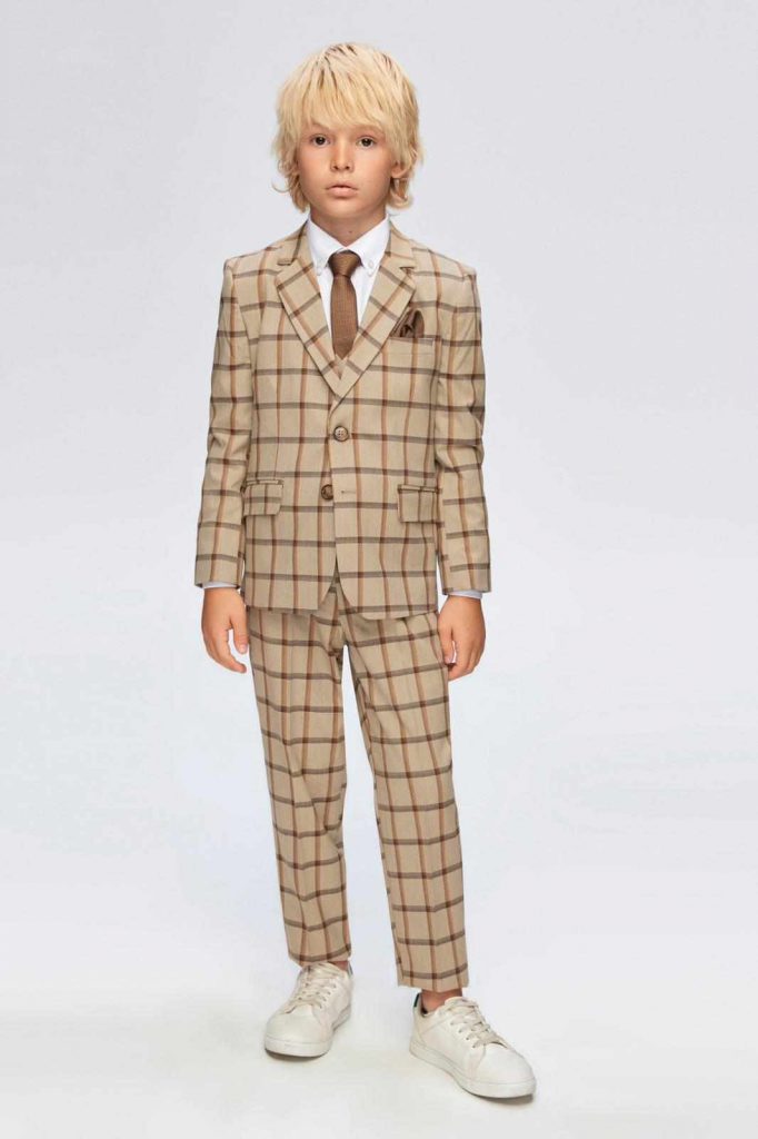 Boys 5 piece beige check suit | Wonderland